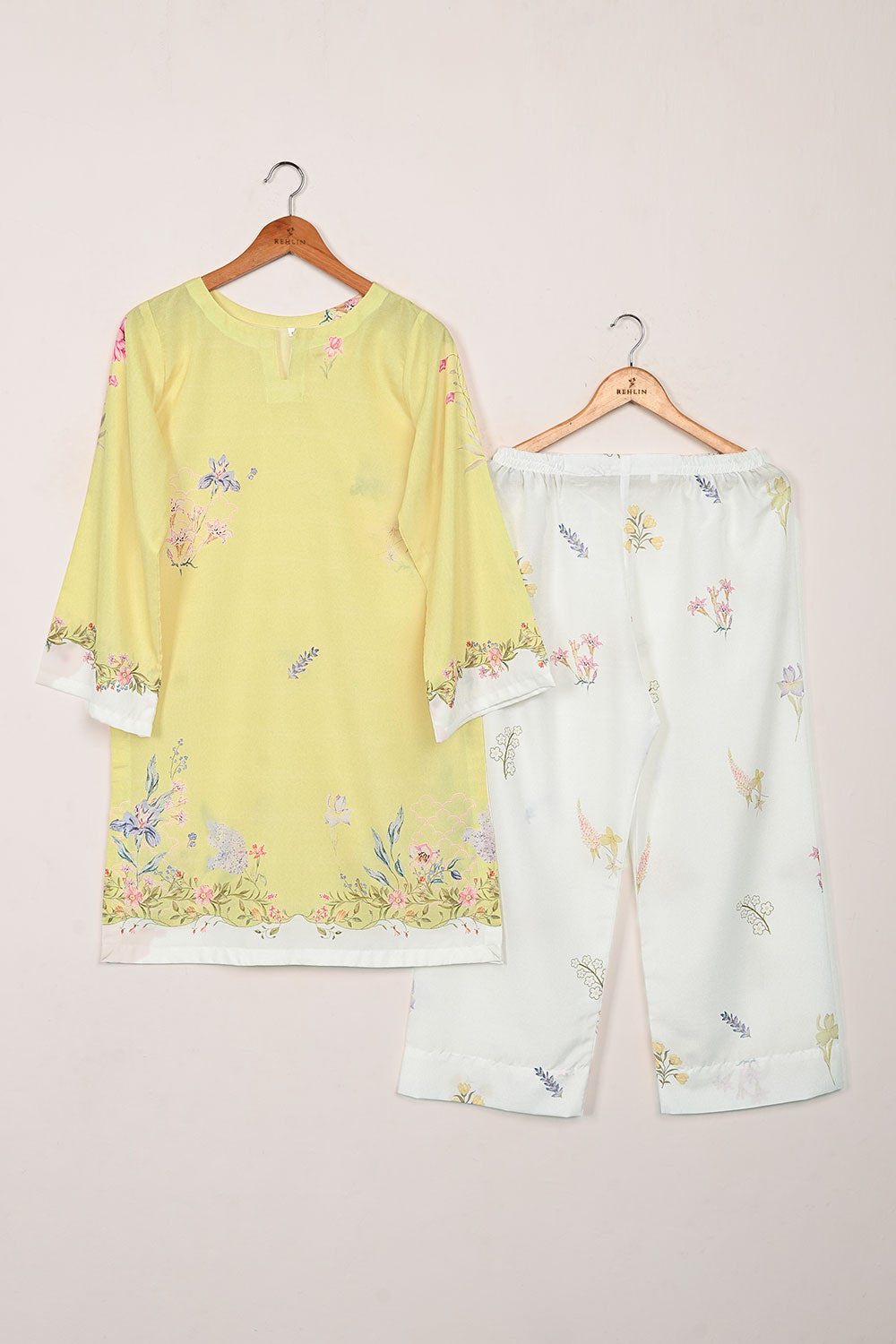 STP-376A | Lemon Yellow Floral Printed 2 Piece Suit | Swiss Cambric ...